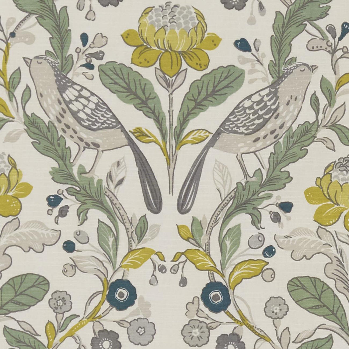 Clarke & Clarke Orchard Birds Birds Forest/Chartreuse Fabric ...