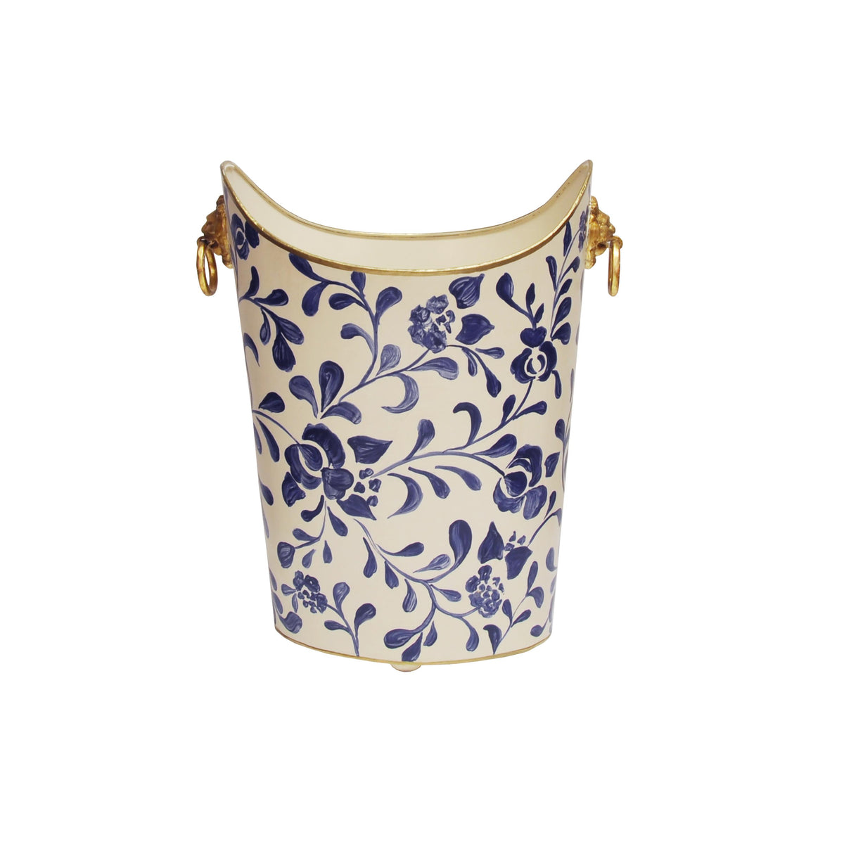 Worlds Away Oval Wastebasket With Lion Handles In Navy Vine ...