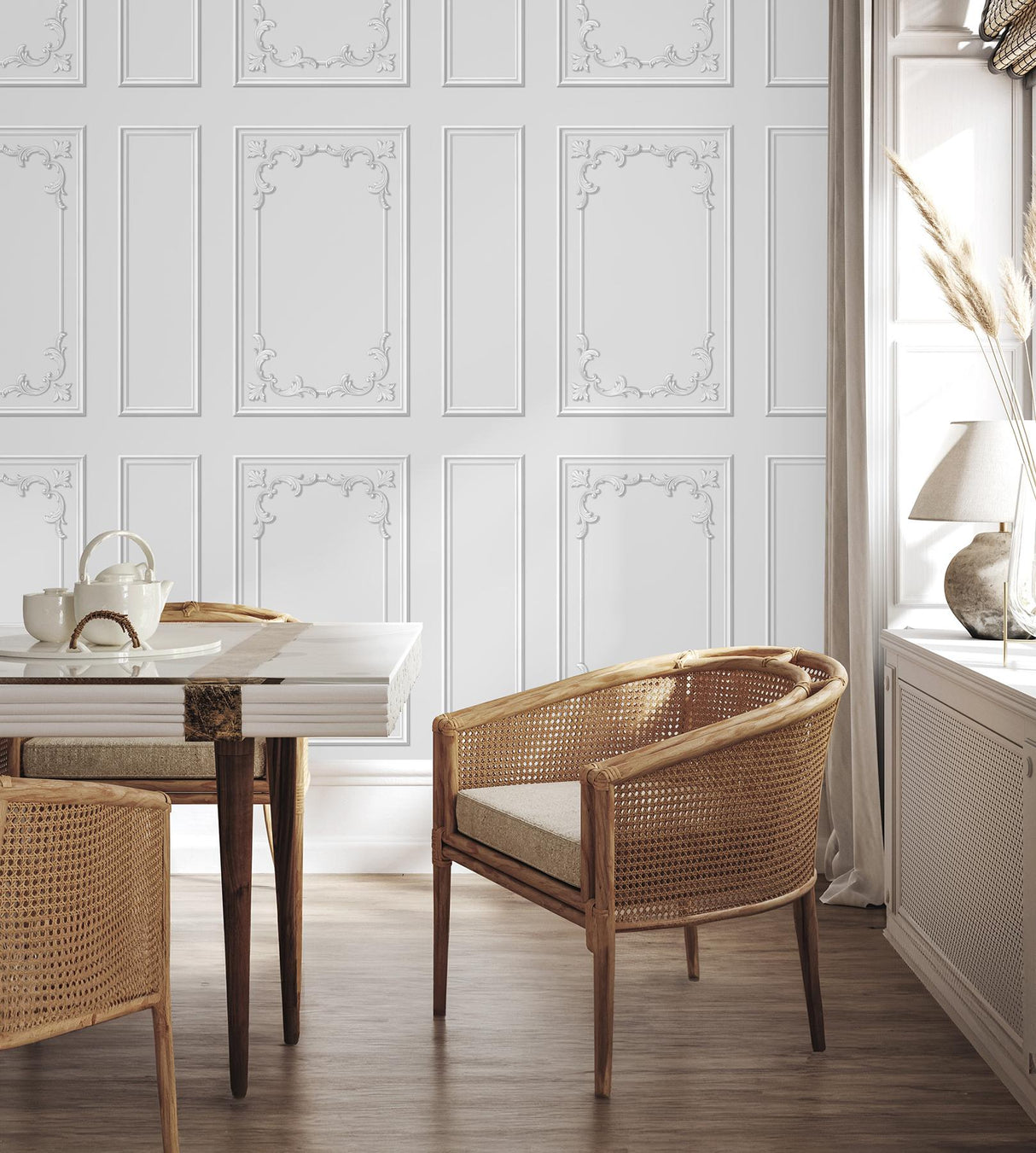 York Rhonda White Ornate Paneling Wallpaper – DecoratorsBest